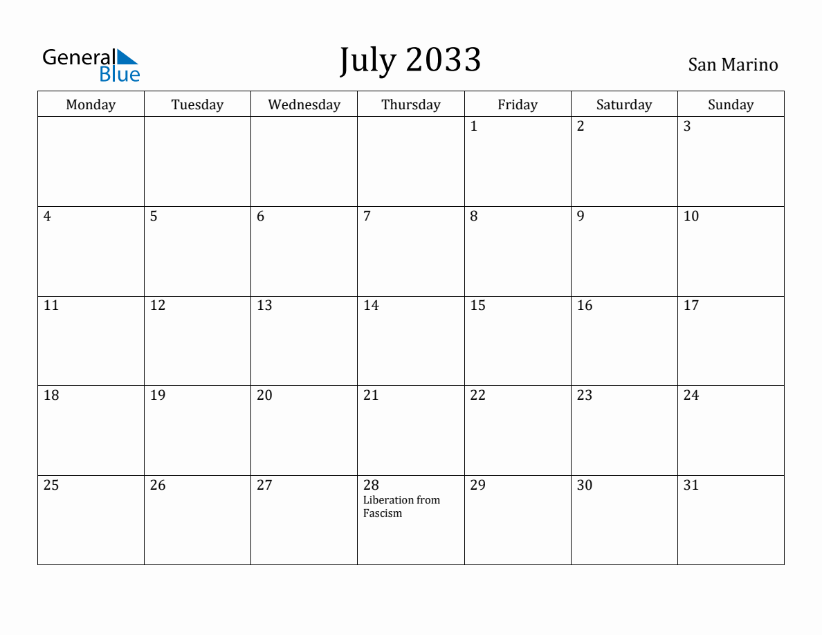 July 2033 Monthly Calendar with San Marino Holidays