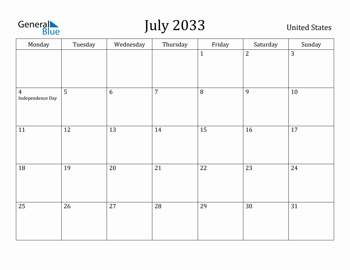 July 2033 - United States Monthly Calendar with Holidays