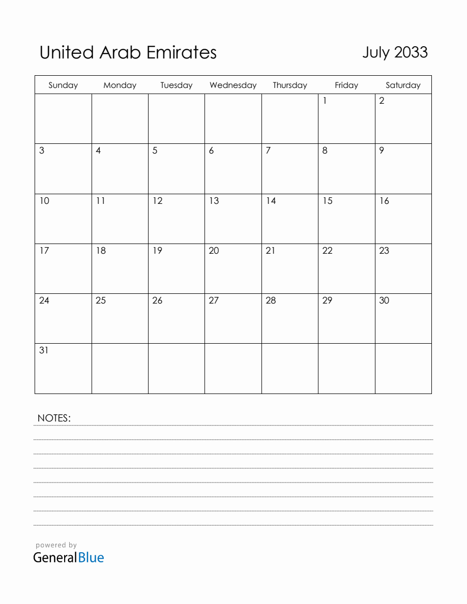 July 2033 United Arab Emirates Calendar with Holidays