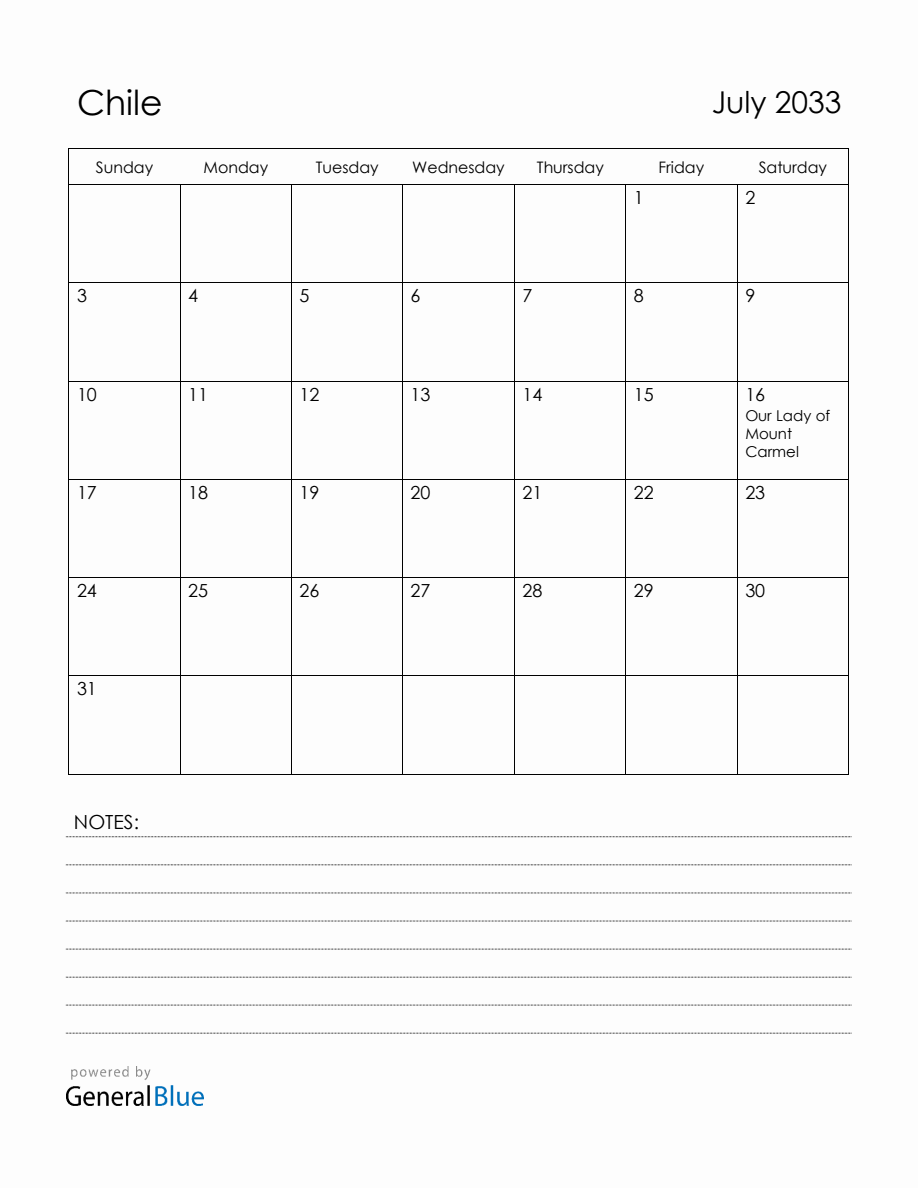 July 2033 Chile Calendar with Holidays