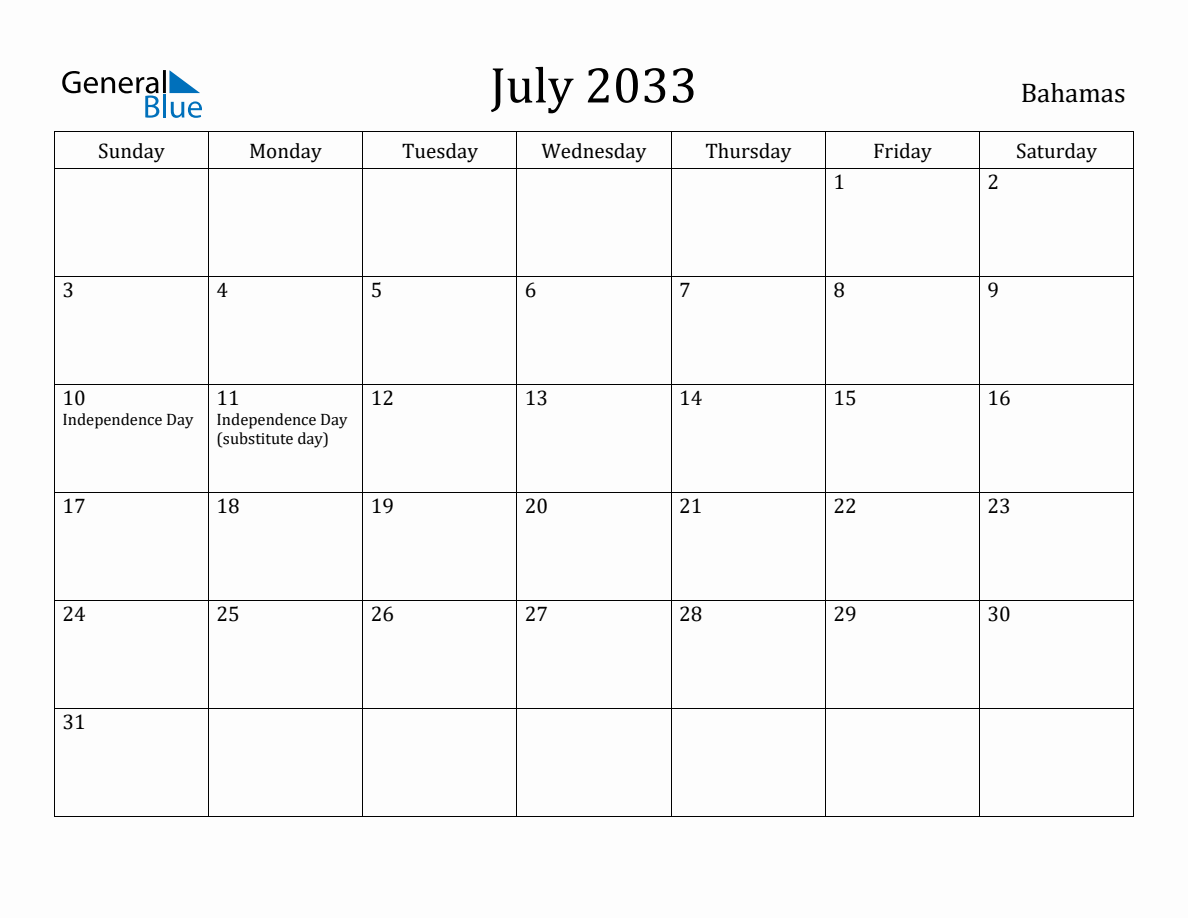 July 2033 Monthly Calendar with Bahamas Holidays