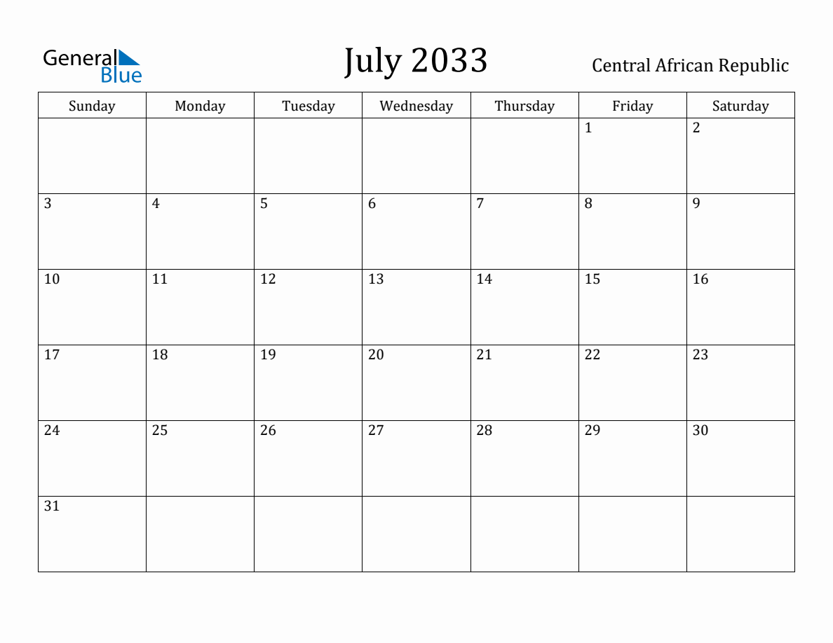 July 2033 Monthly Calendar with Central African Republic Holidays