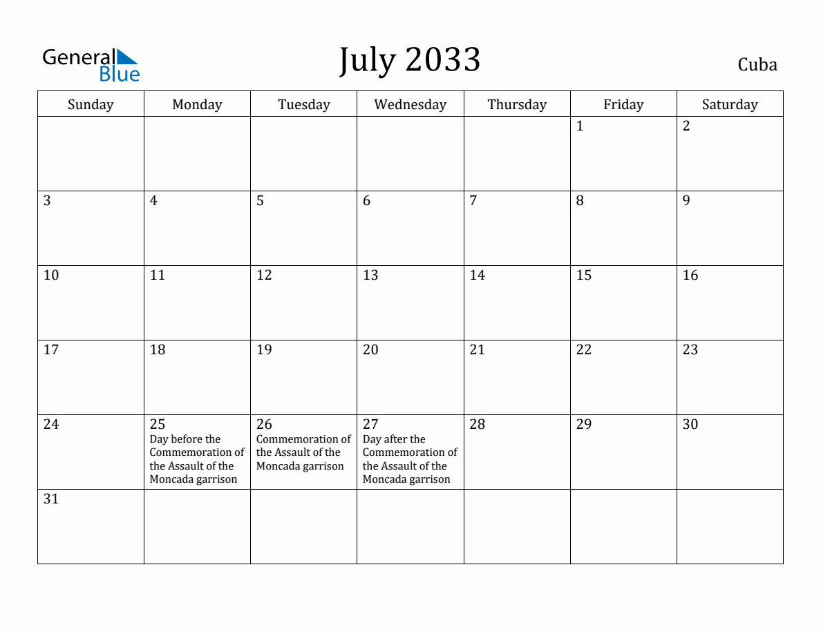 July 2033 Monthly Calendar with Cuba Holidays