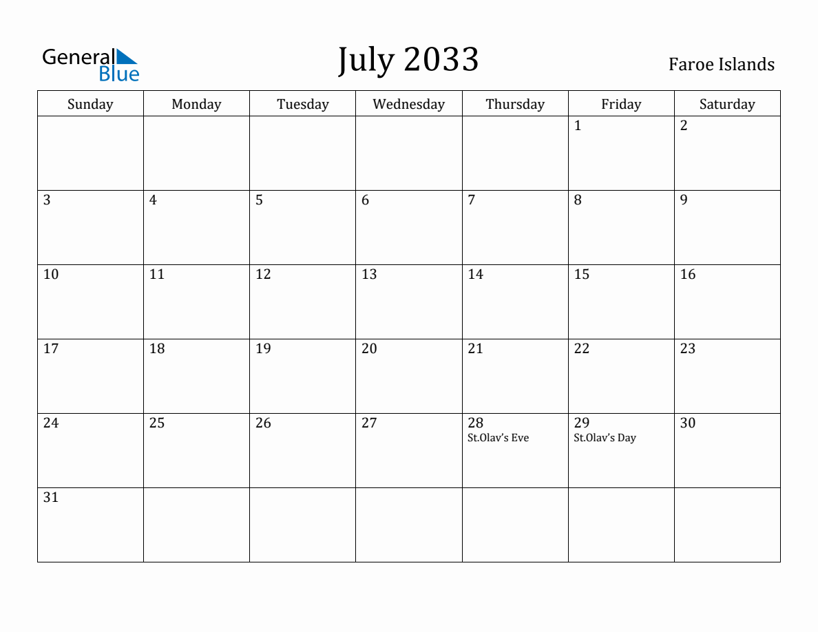 July 2033 Monthly Calendar with Faroe Islands Holidays