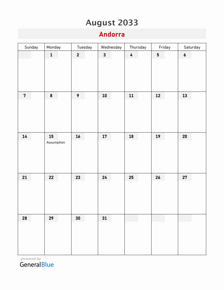 Andorra August 2033 Calendar with Holidays
