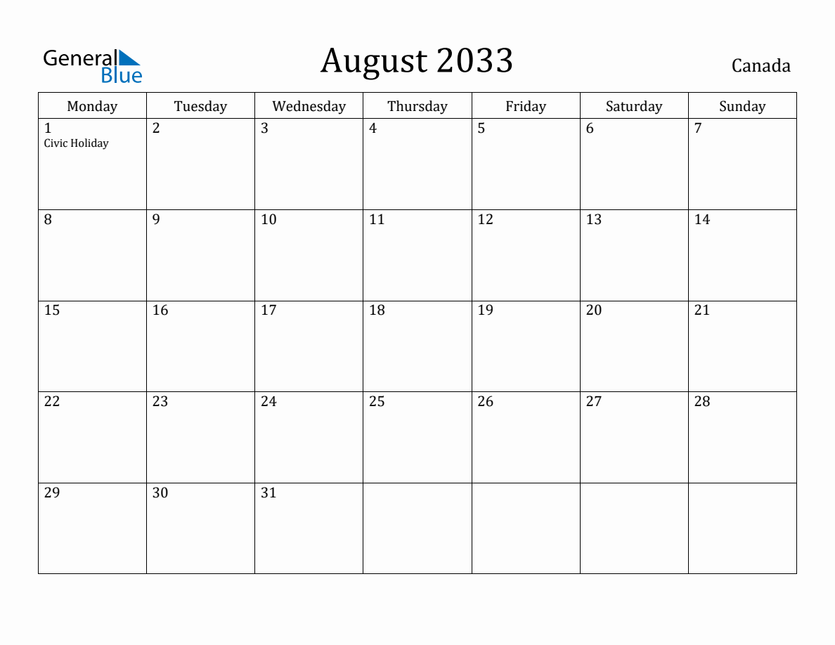 August 2033 - Canada Monthly Calendar with Holidays