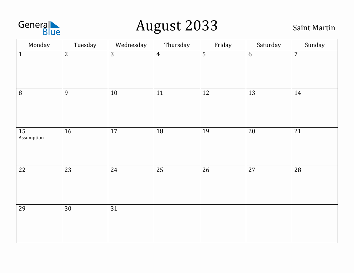 August 2033 Monthly Calendar with Saint Martin Holidays (Monday Start)