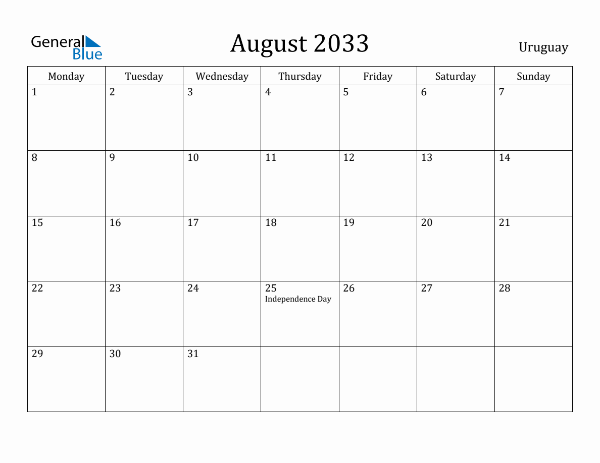 August 2033 - Uruguay Monthly Calendar with Holidays
