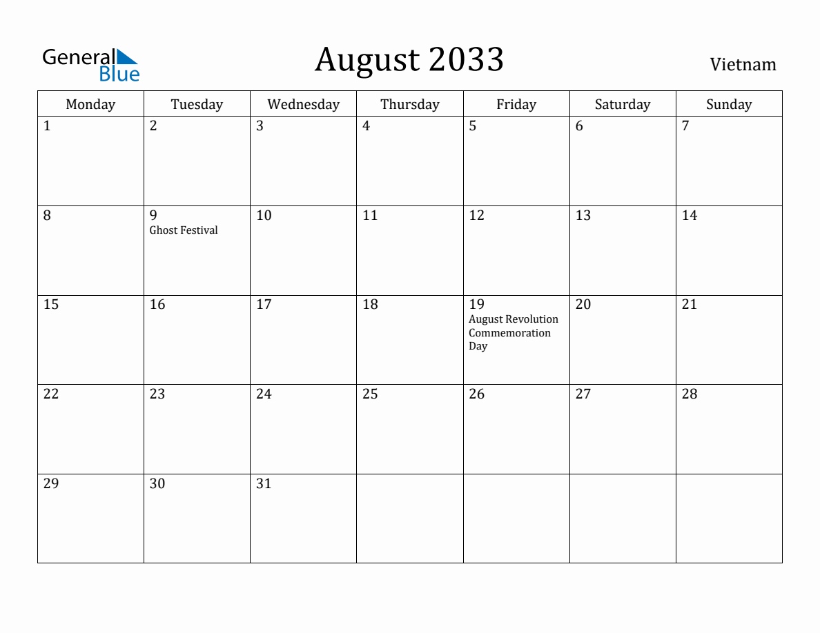 August 2033 - Vietnam Monthly Calendar with Holidays