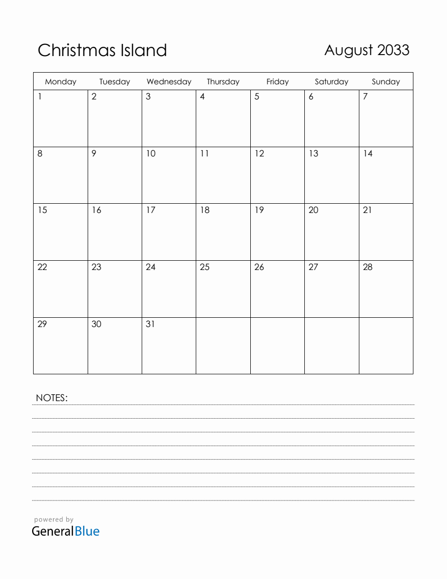 August 2033 Christmas Island Calendar with Holidays (Monday Start)
