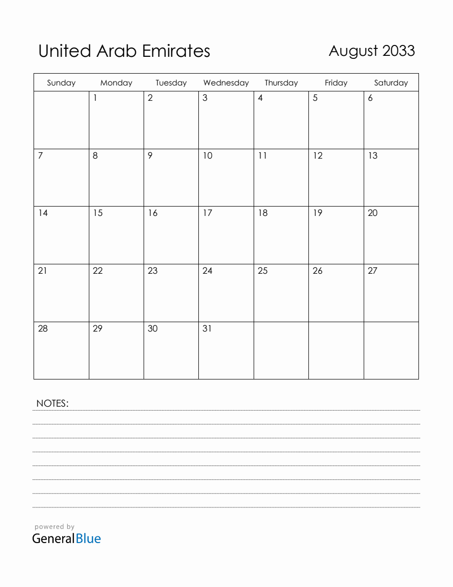 August 2033 United Arab Emirates Calendar with Holidays