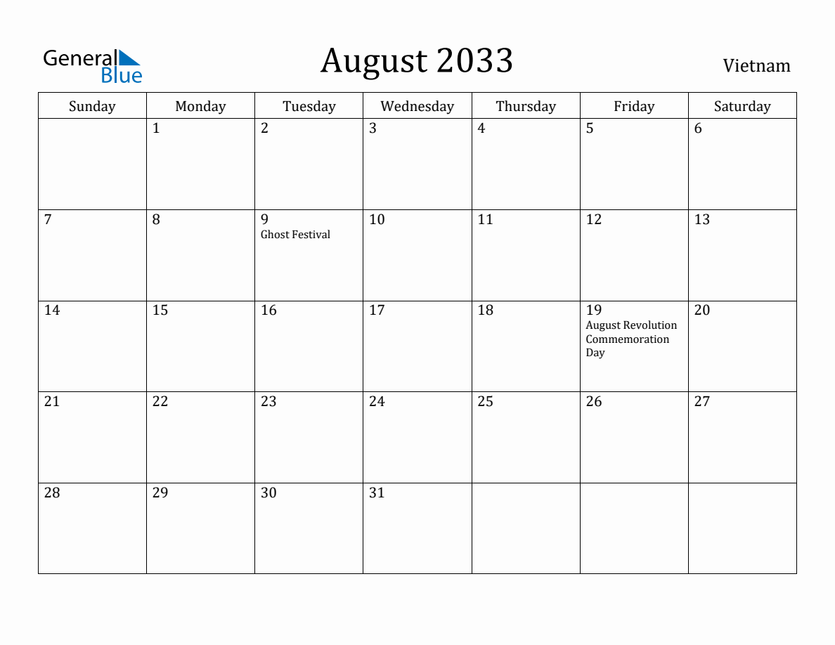 August 2033 Monthly Calendar with Vietnam Holidays