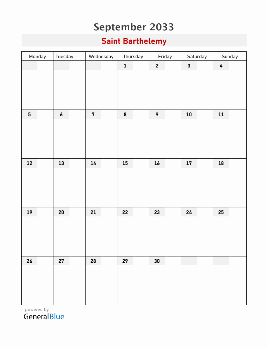 Saint Barthelemy September 2033 Calendar with Holidays (Monday Start)