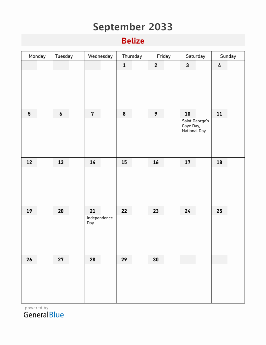 Belize September 2033 Calendar with Holidays