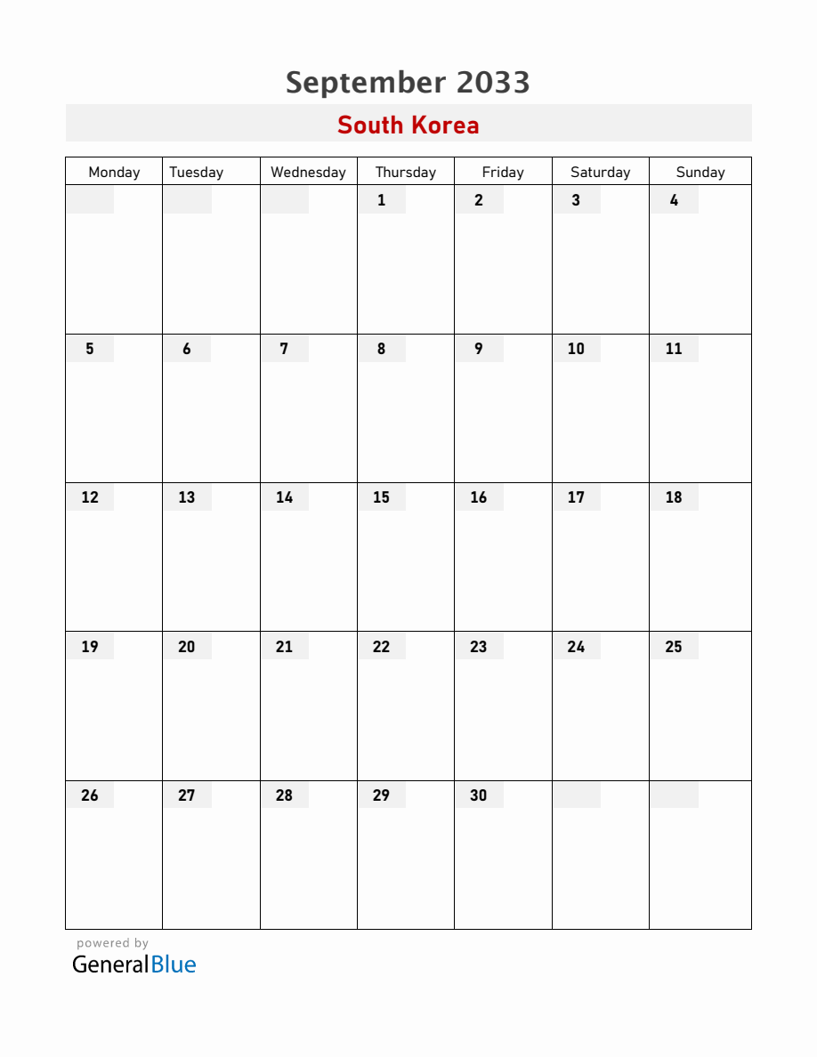 South Korea September 2033 Calendar with Holidays