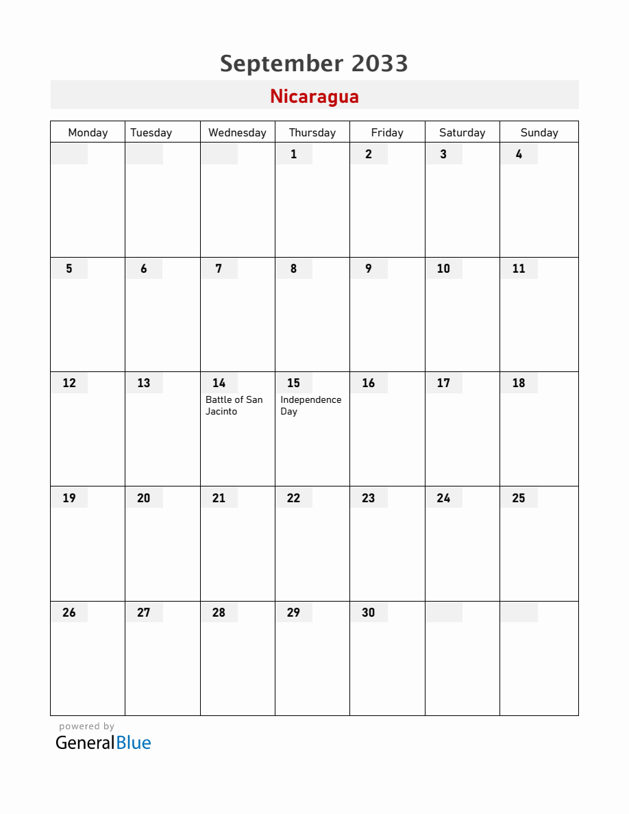 Nicaragua September 2033 Calendar with Holidays
