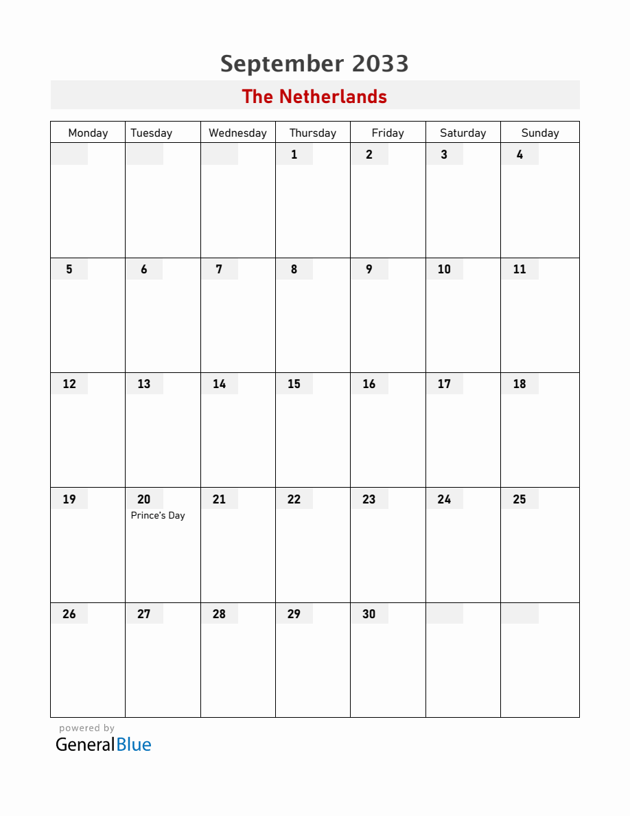 The Netherlands September 2033 Calendar with Holidays