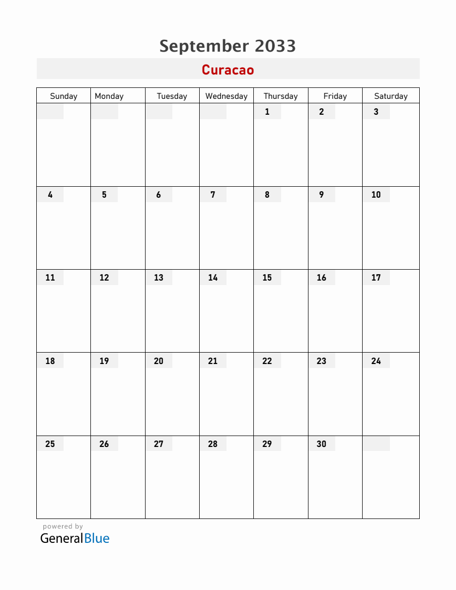 Curacao September 2033 Calendar with Holidays