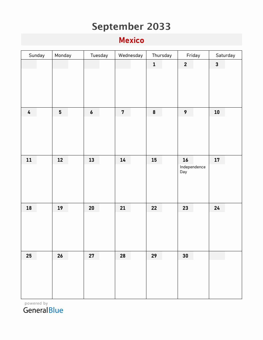 Mexico September 2033 Calendar with Holidays