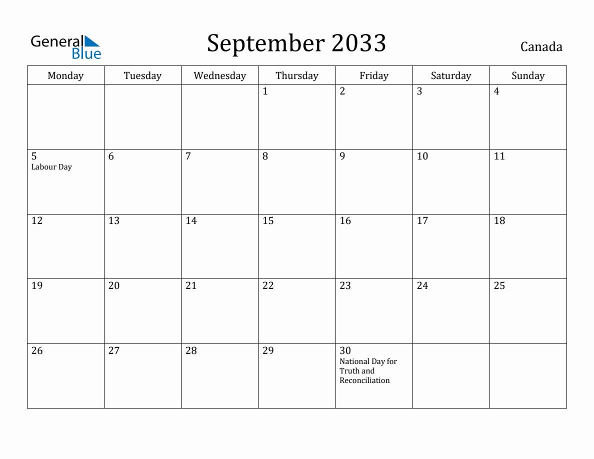 September 2033 - Canada Monthly Calendar with Holidays
