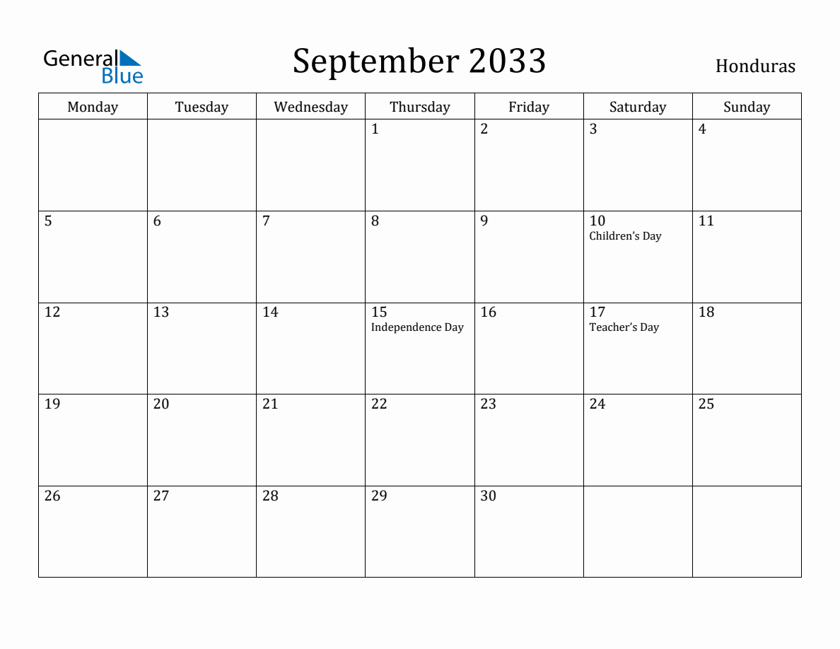 September 2033 Monthly Calendar with Honduras Holidays