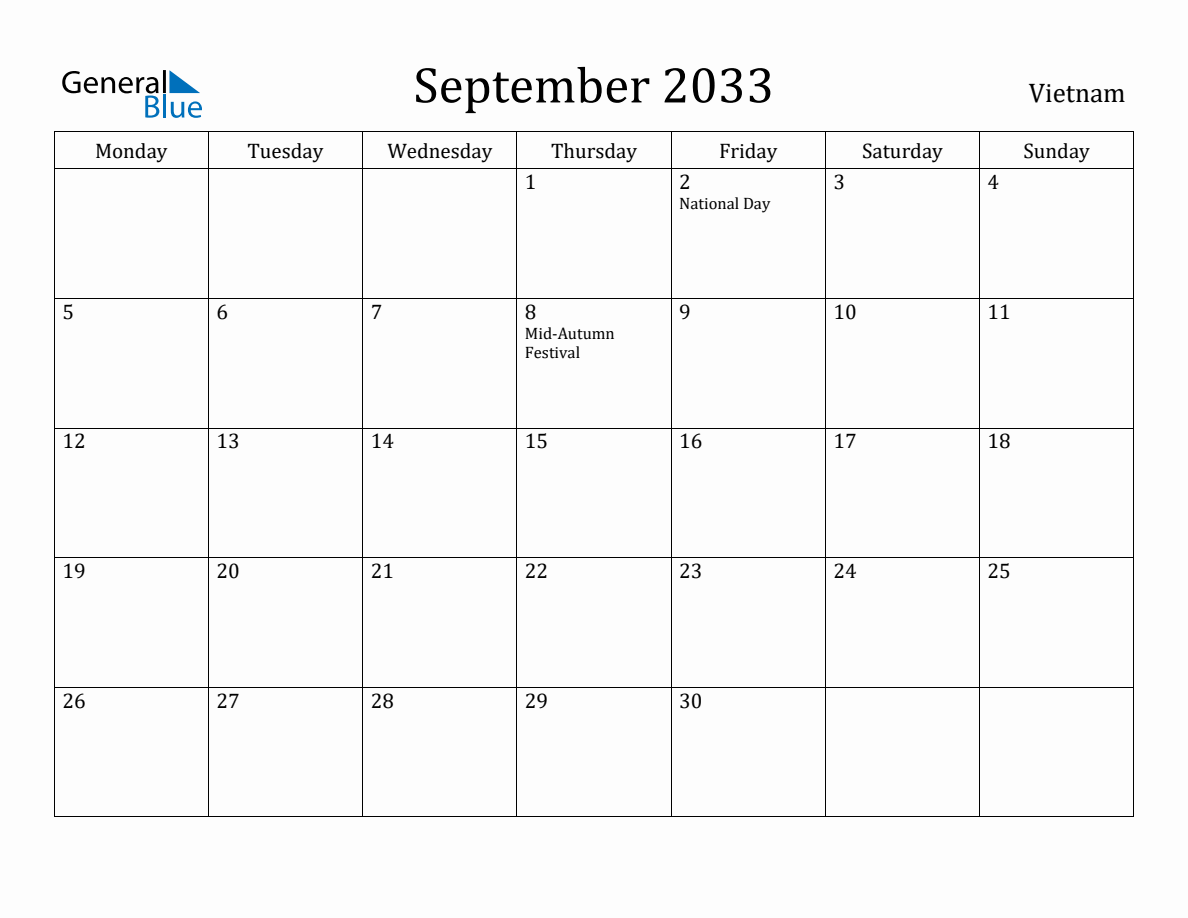 September 2033 - Vietnam Monthly Calendar with Holidays
