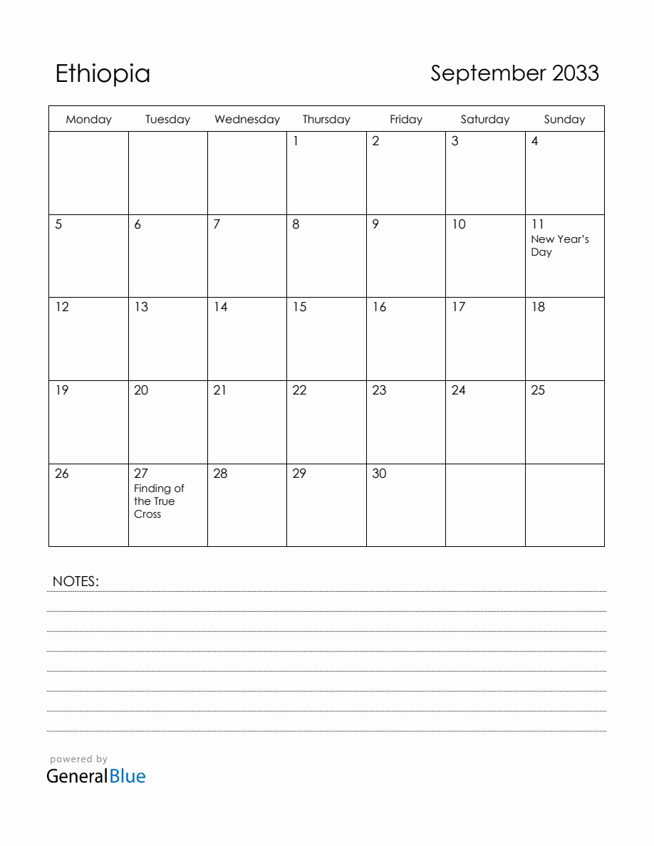 September 2033 Ethiopia Calendar with Holidays