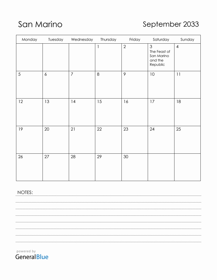 September 2033 San Marino Calendar with Holidays