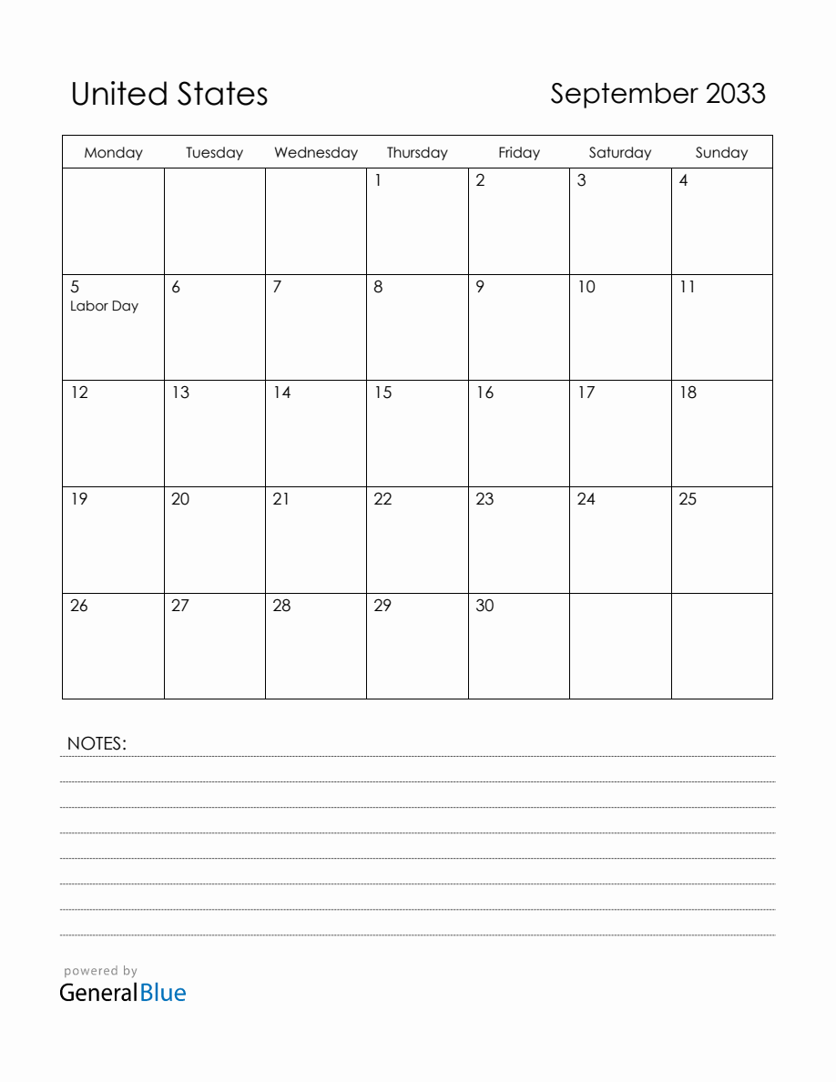 September 2033 United States Calendar with Holidays