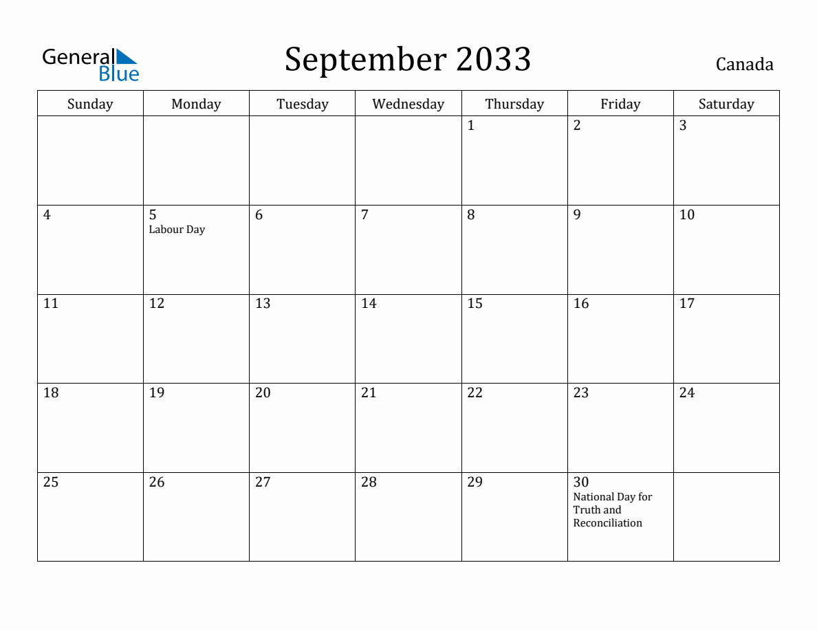 September 2033 Monthly Calendar with Canada Holidays