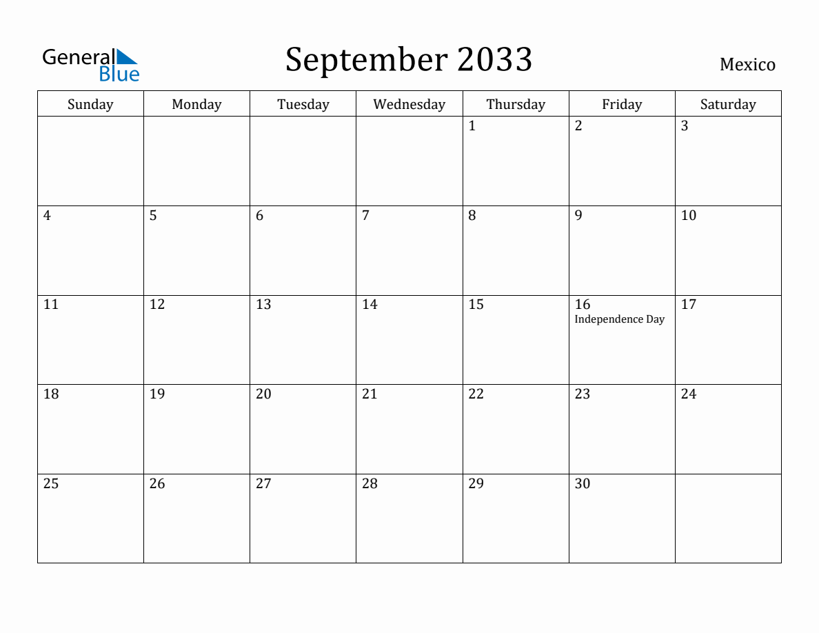 September 2033 Monthly Calendar with Mexico Holidays