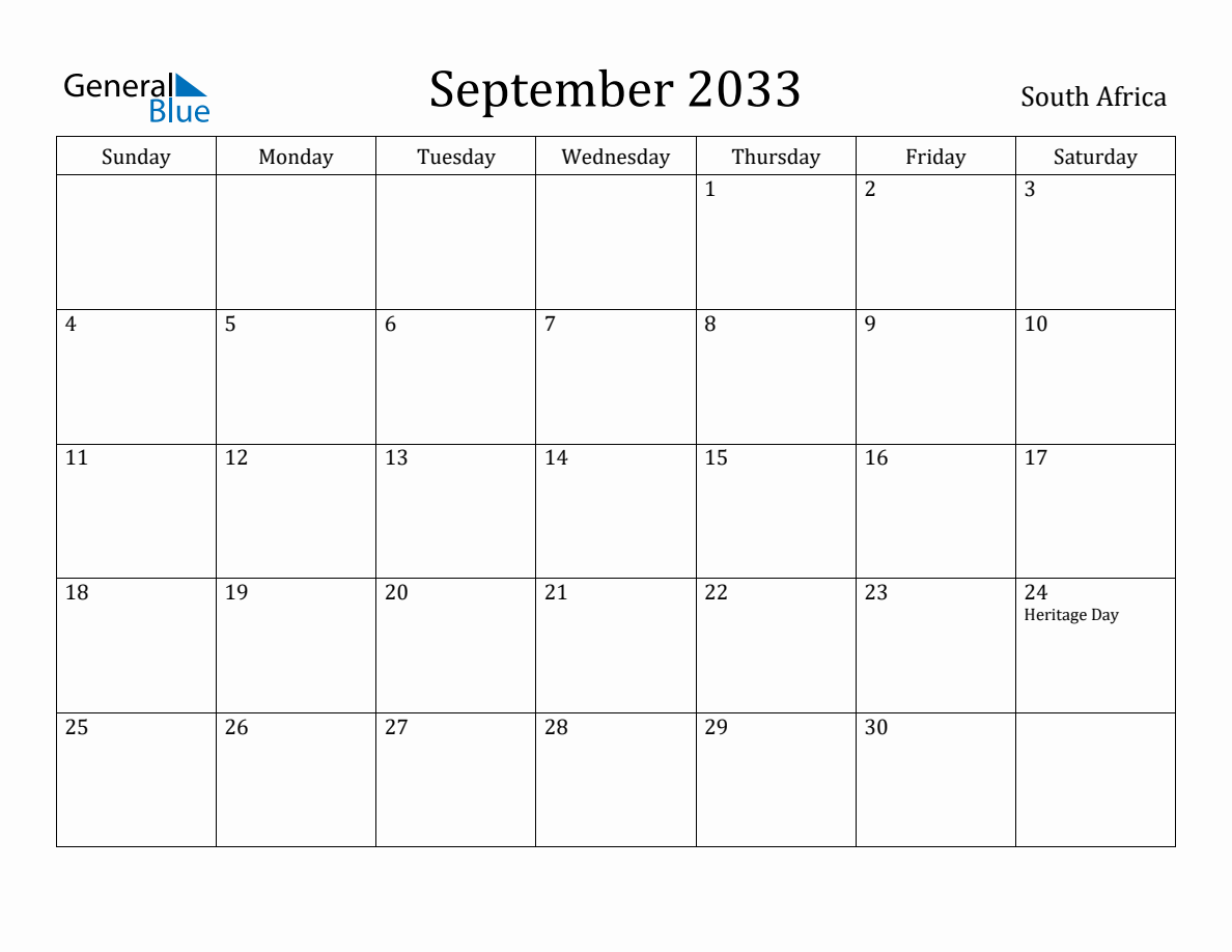 September 2033 Monthly Calendar with South Africa Holidays