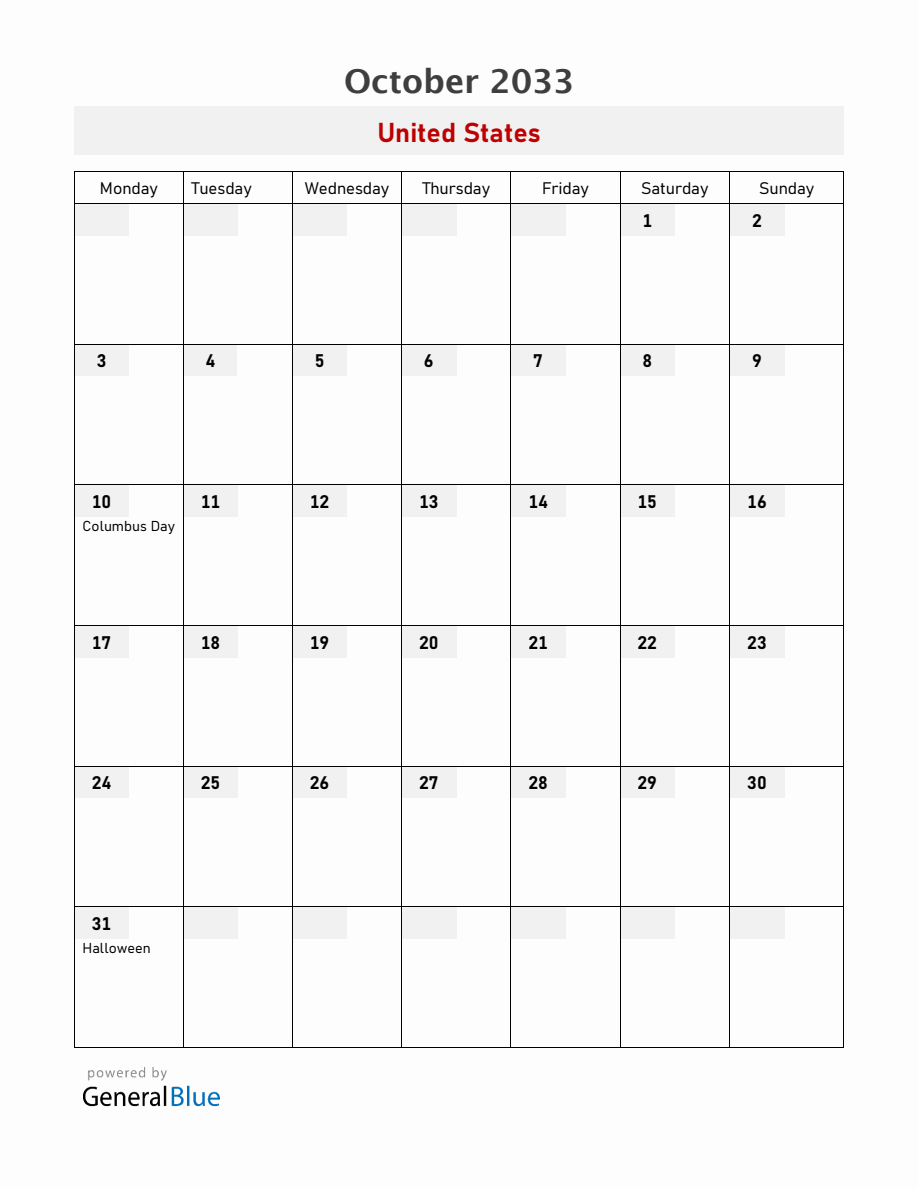 United States October 2033 Calendar with Holidays (Monday Start)