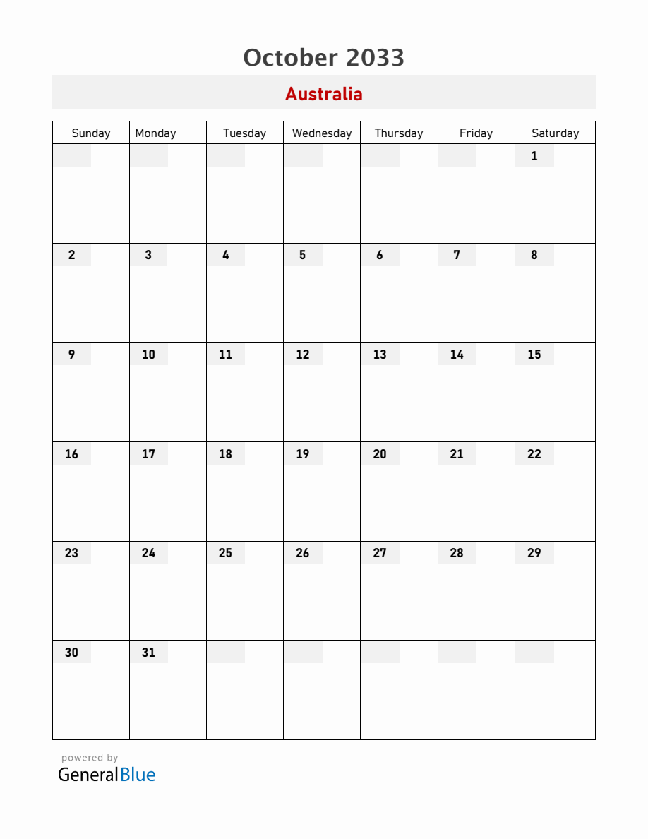 Australia October 2033 Calendar with Holidays