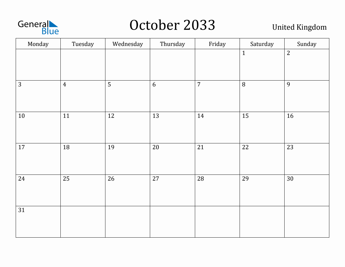 United Kingdom Monthly Calendar - October 2033 (Monday Start)