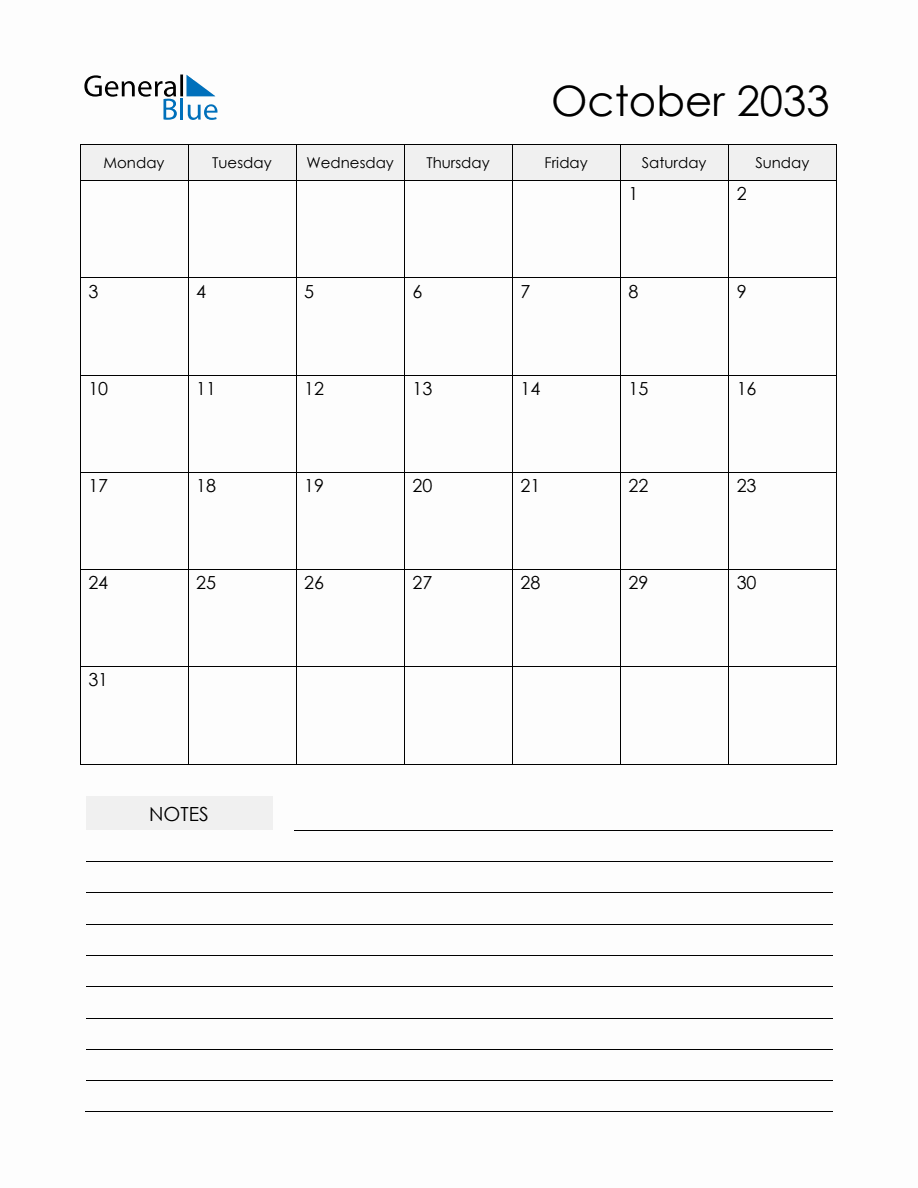 October 2033 Monthly Planner Calendar - Monday Start