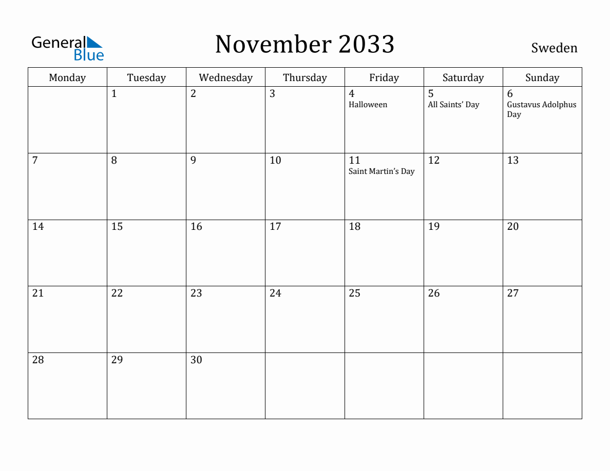 November 2033 - Sweden Monthly Calendar with Holidays