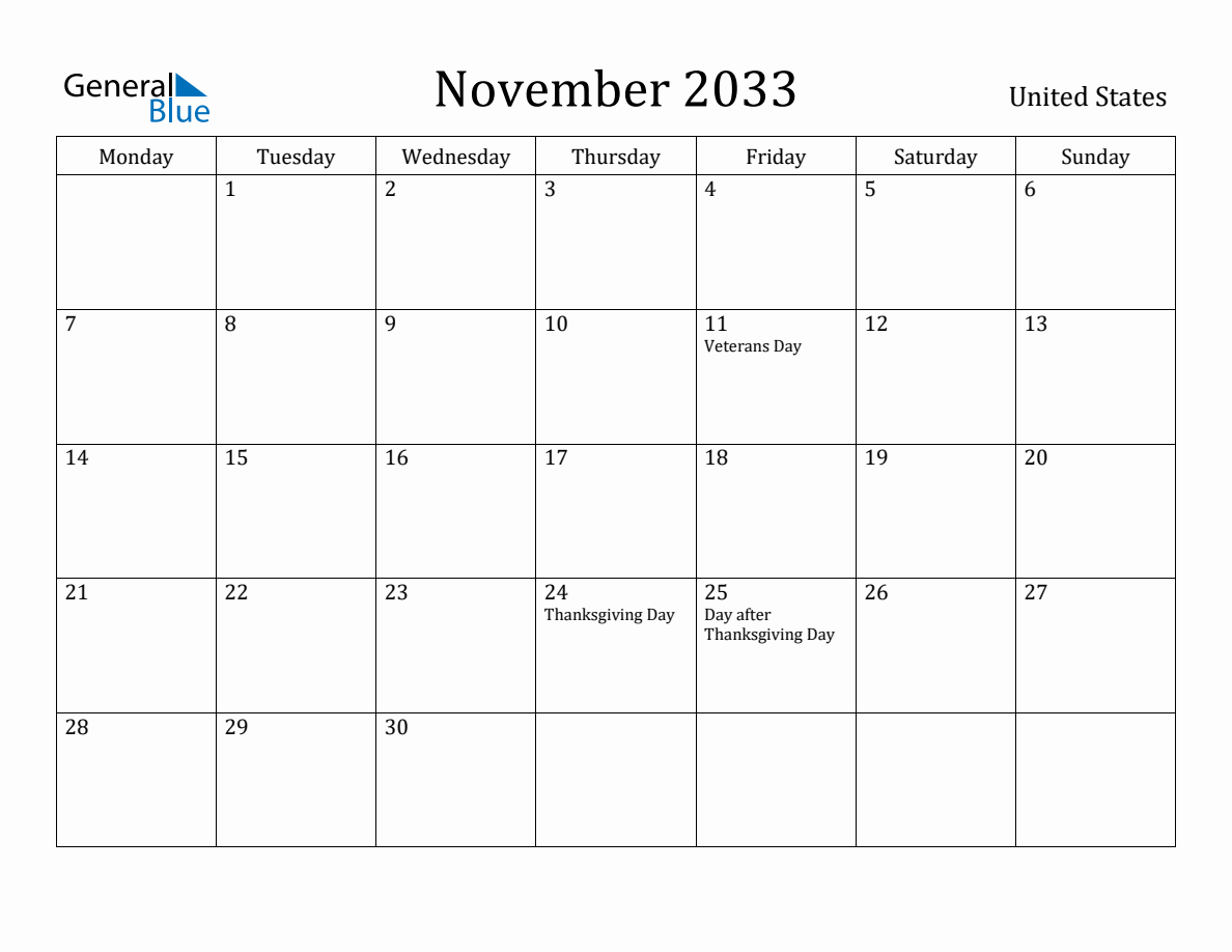 United States Monthly Calendar - November 2033 (Monday Start)