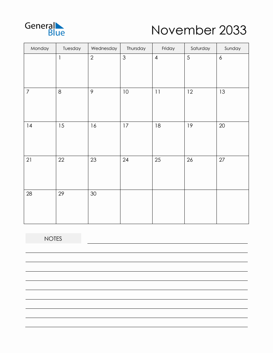 November 2033 Monthly Planner Calendar