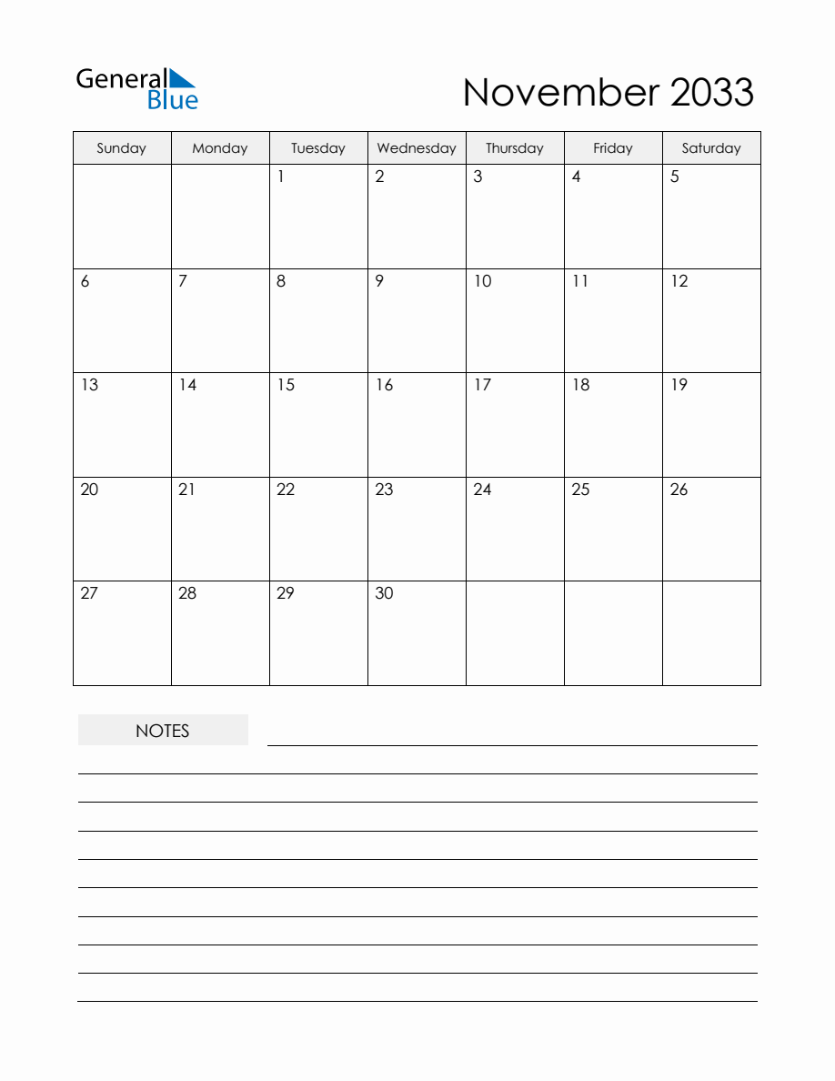 November 2033 Monthly Planner Calendar