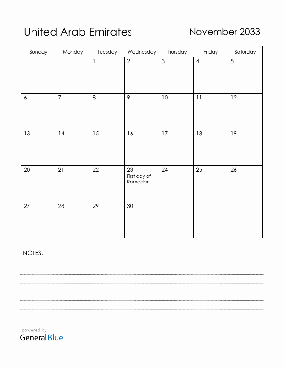November 2033 United Arab Emirates Calendar with Holidays