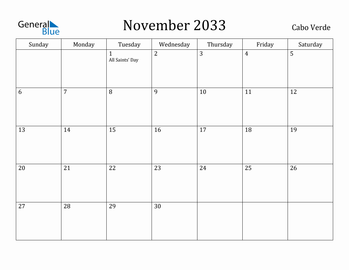 November 2033 Monthly Calendar with Cabo Verde Holidays