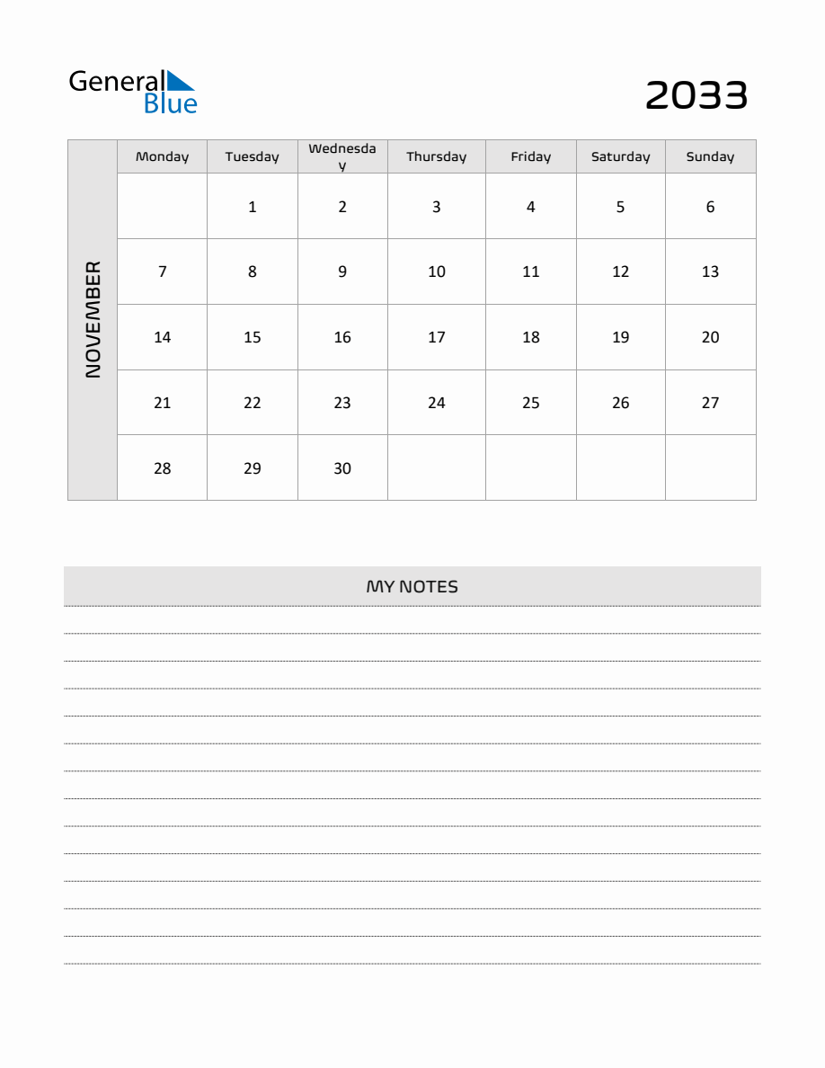 November 2033 Printable Monthly Calendar with Notes - Monday Start