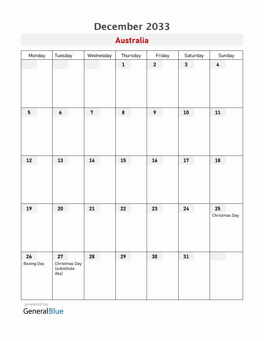 Australia December 2033 Calendar with Holidays