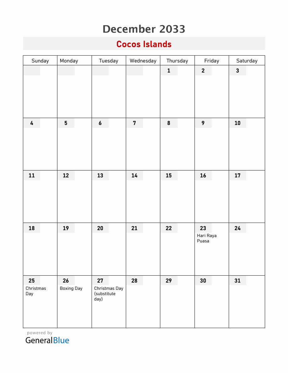 Cocos Islands December 2033 Calendar with Holidays