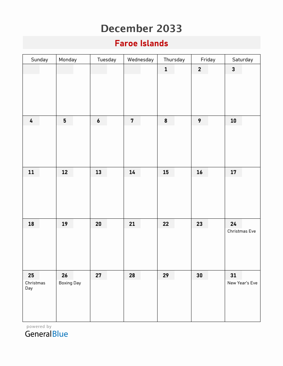 Faroe Islands December 2033 Calendar with Holidays