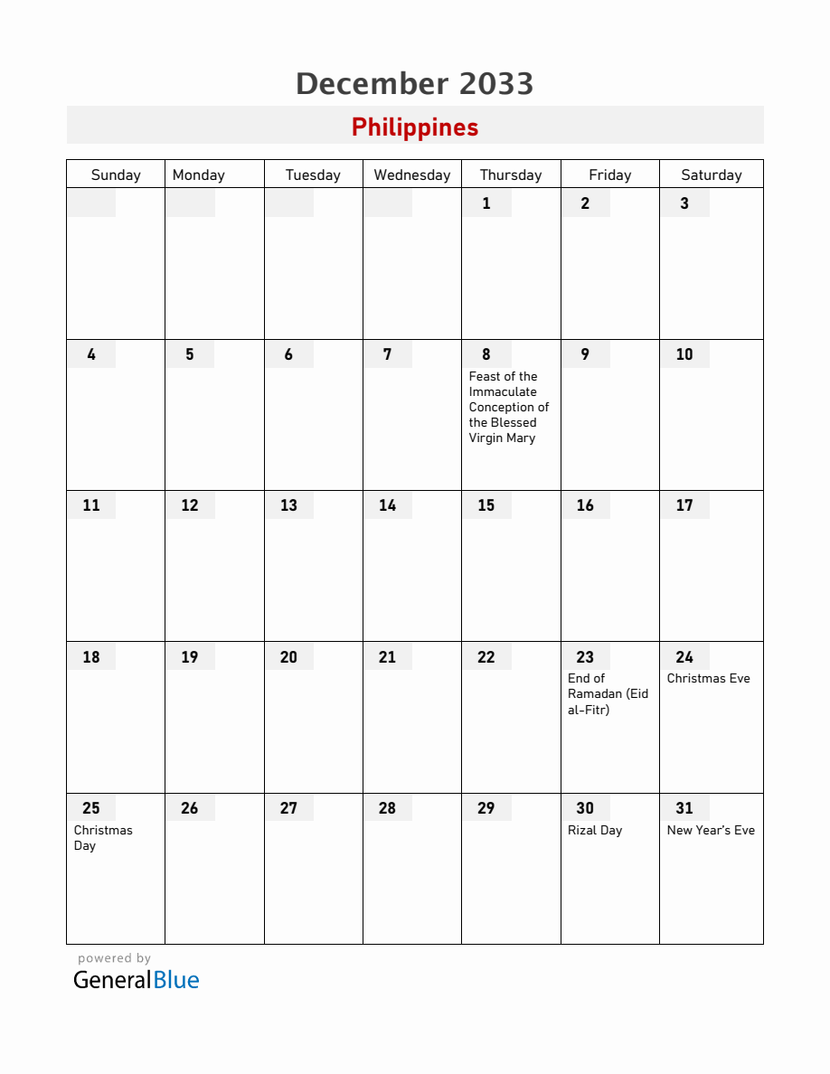Philippines December 2033 Calendar with Holidays