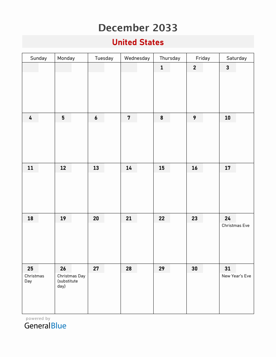 United States December 2033 Calendar with Holidays