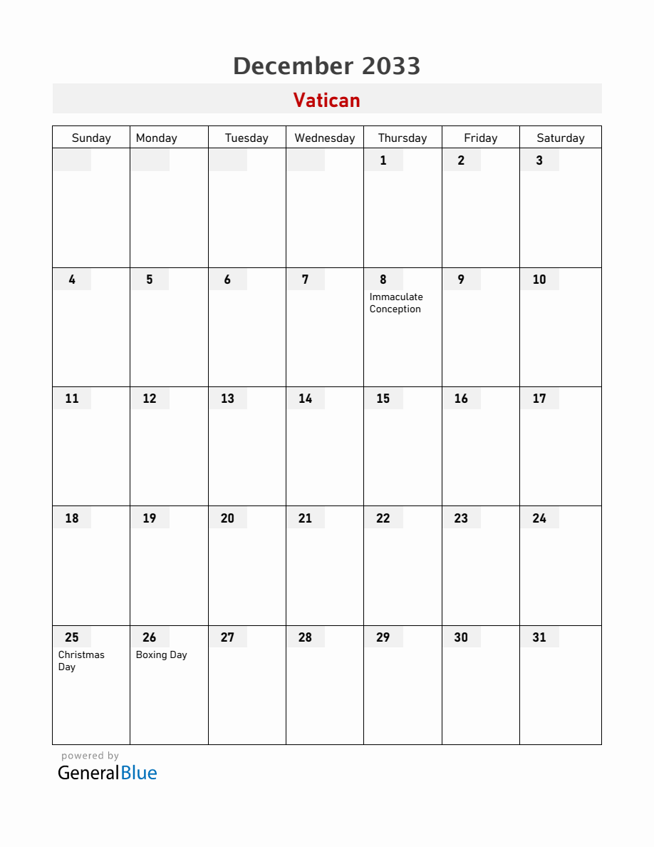Vatican December 2033 Calendar with Holidays