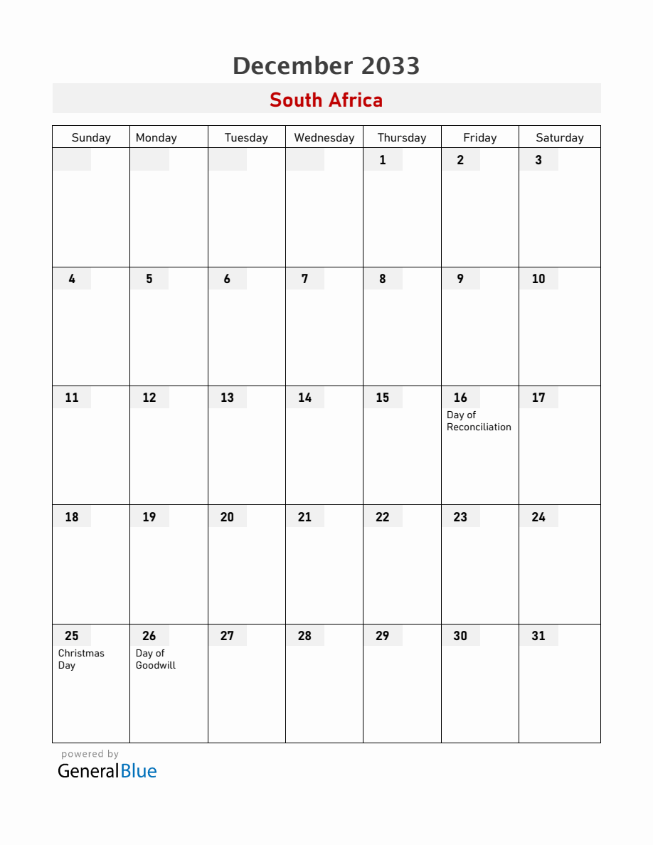South Africa December 2033 Calendar with Holidays